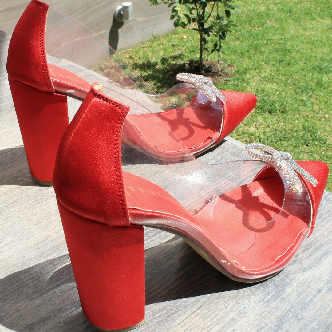 ZAPATILLA PUNTAL ROJA/TRANSPARENTE DE TACÓN DE GRUESO CON MOÑO Y PIEDR ...